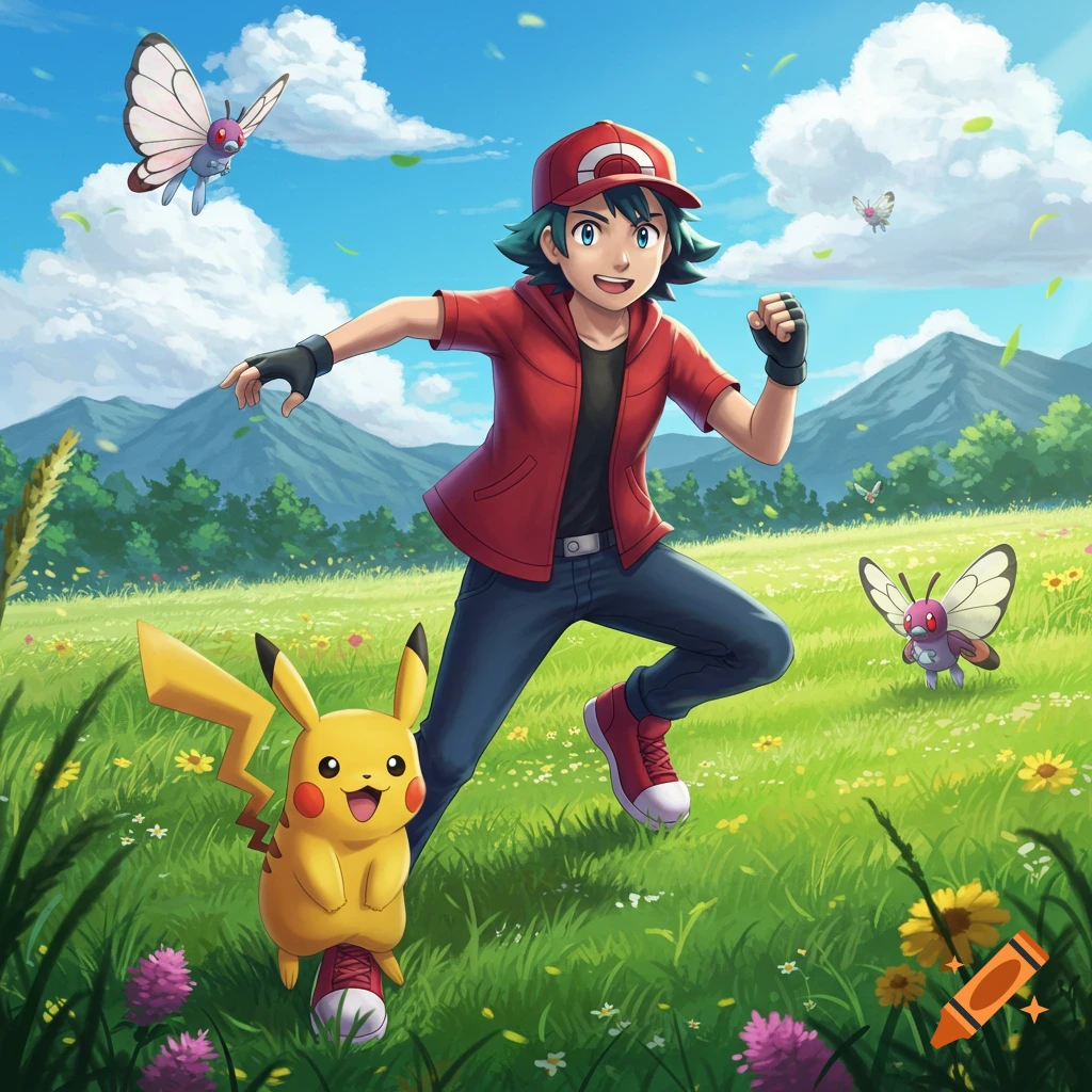 Anime-style art of a red-haired Pok 00e9mon trainer and Pikachu on a ...