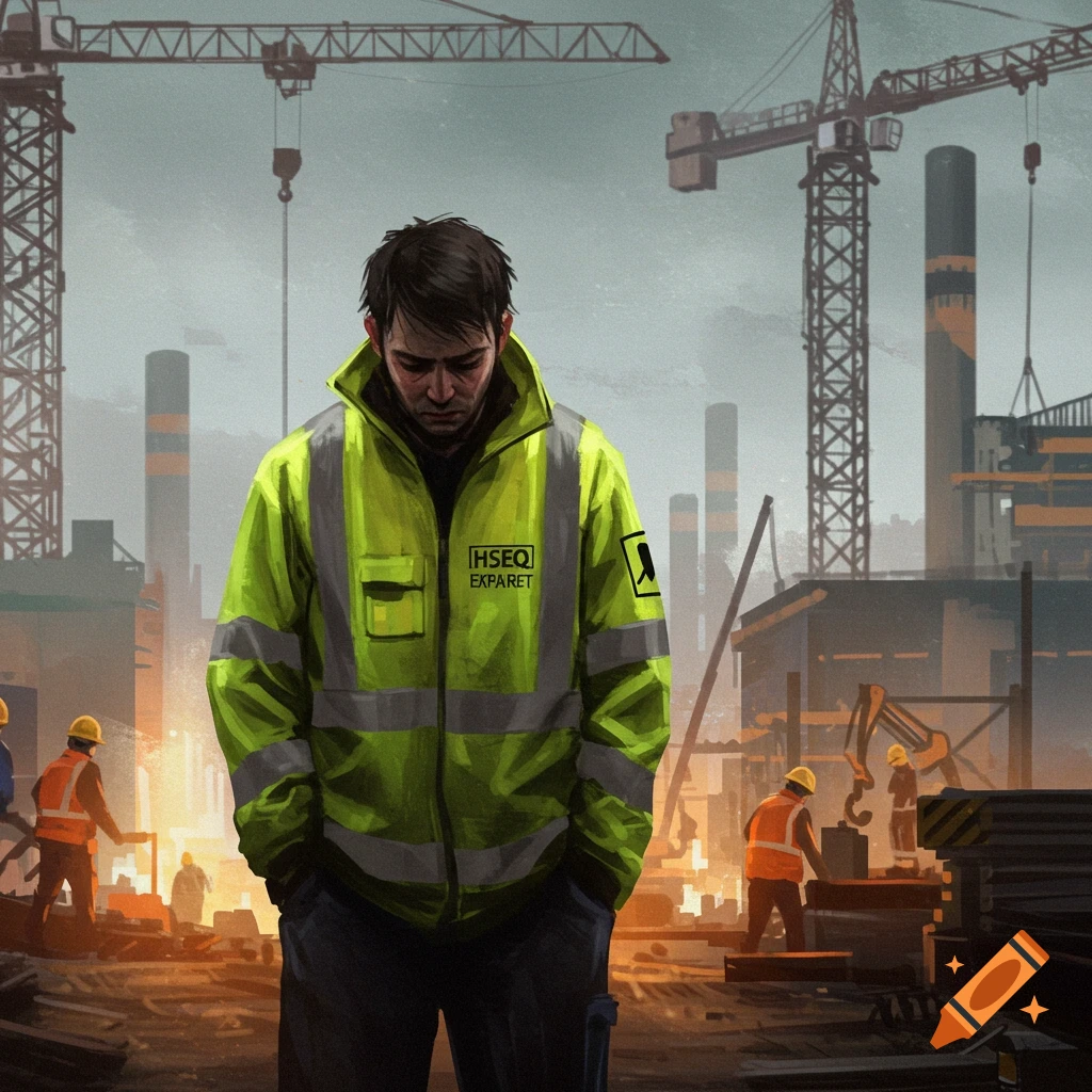 An illustrated image of a tired man in a high-visibility jacket at a ...