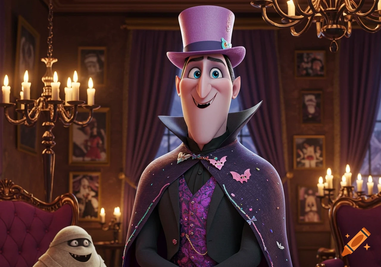 Animated Dracula in a purple top hat and sparkly cape smiles in a ...