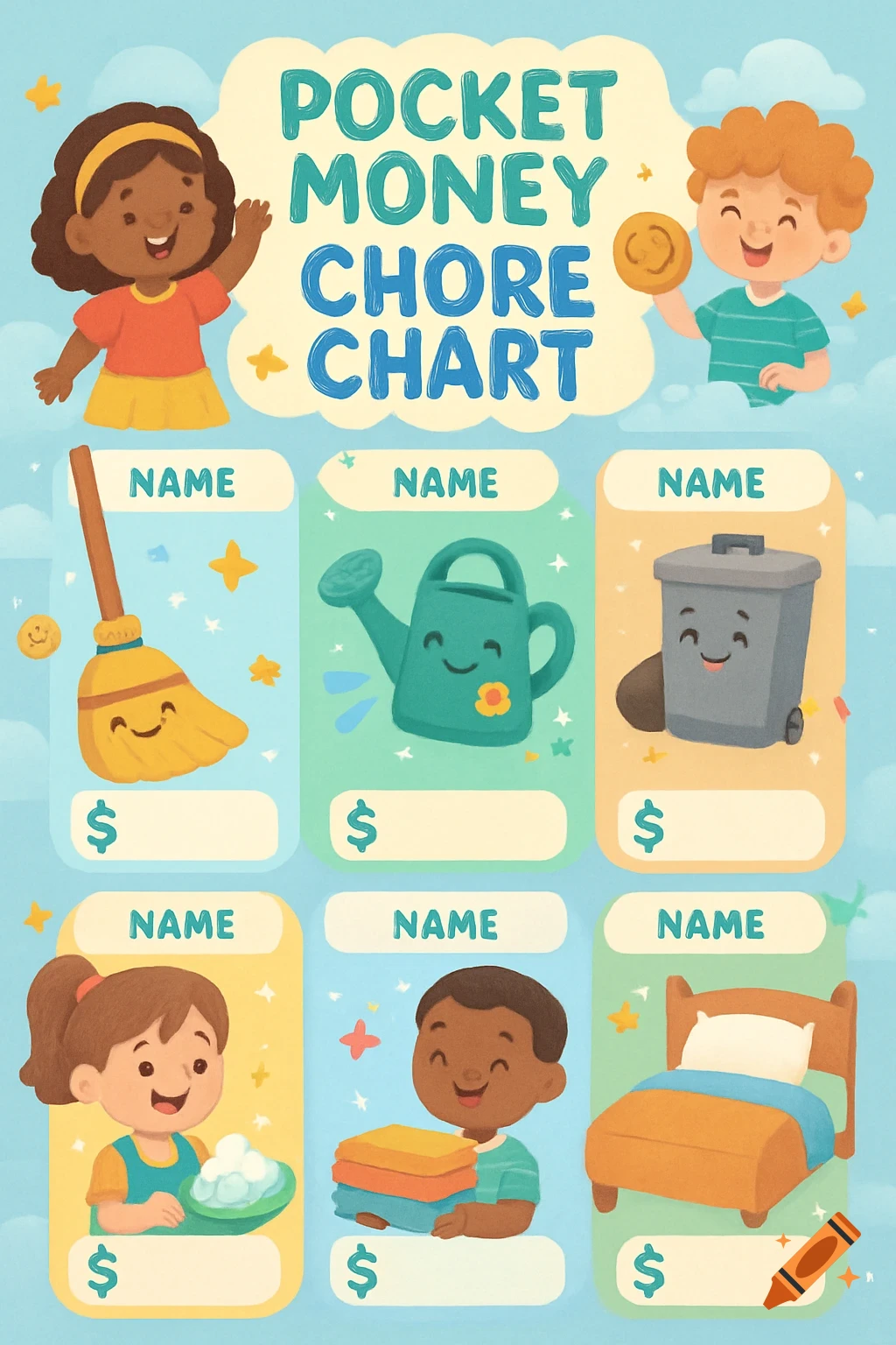 Colorful illustrated children's pocket money chore chart with cartoon ...