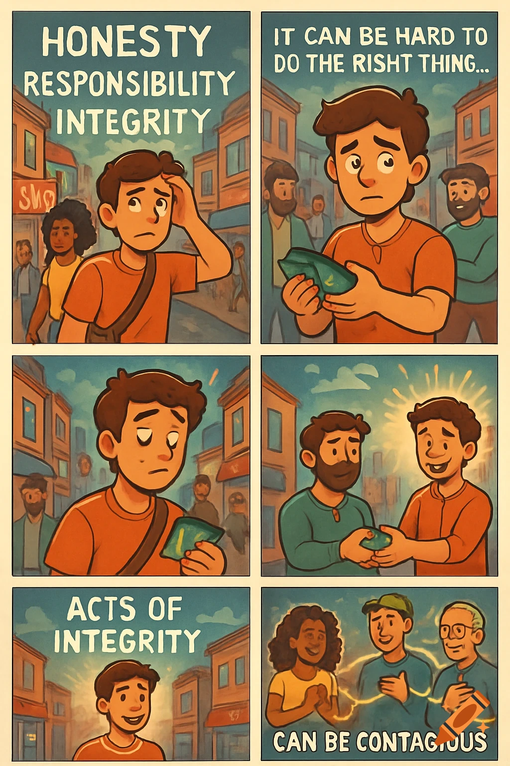 A cartoon 6-panel comic strip showing a man finding money, struggling ...