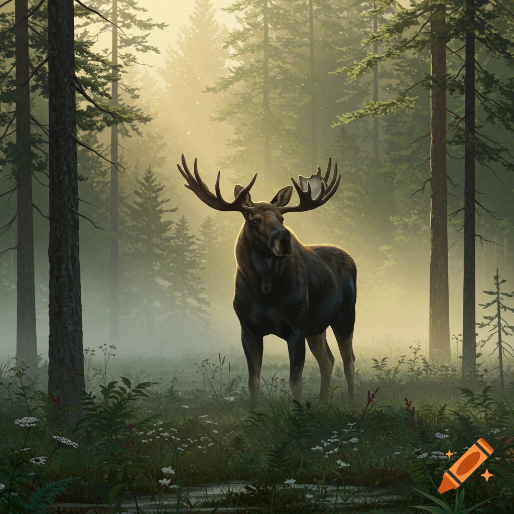 A large moose stands in a misty, sunlit forest clearing with tall trees ...