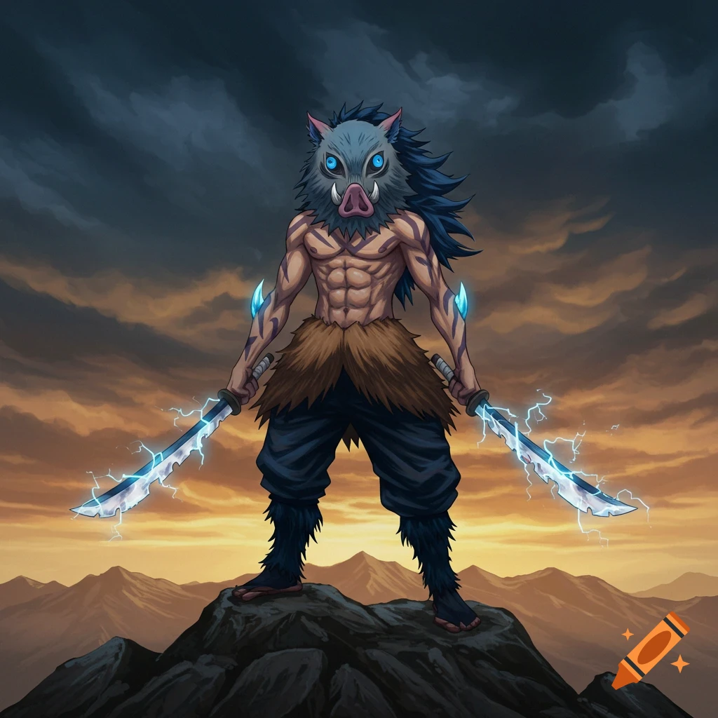 Muscular man in a boar mask holding two lightning swords, standing on a ...