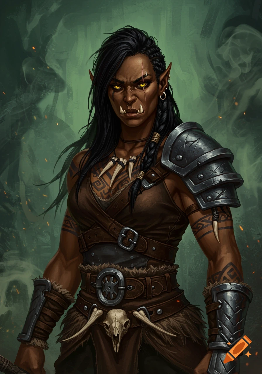 A fantasy portrait of a fierce orc woman with dark brown skin, tusks ...