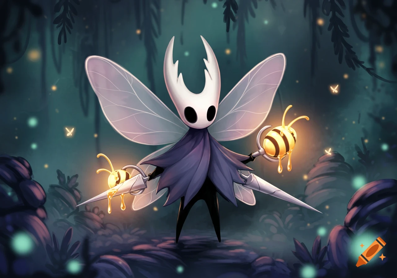 The Hollow Knight with butterfly wings holds two glowing bee-shaped ...