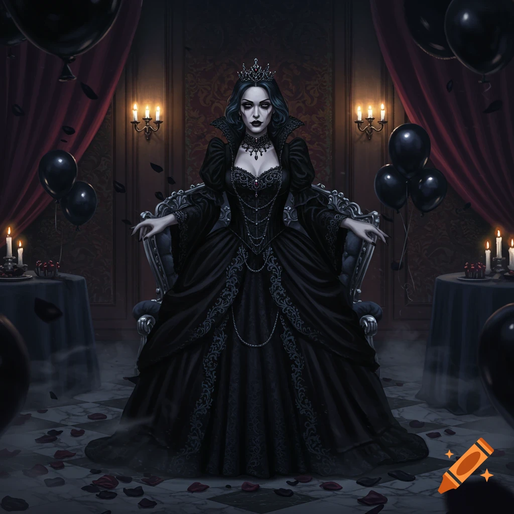 A gothic queen in a black gown and crown sits on a throne in a dimly ...