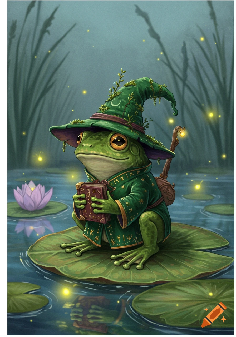 A cute green wizard frog wearing a pointy hat and robe sits on a lily ...