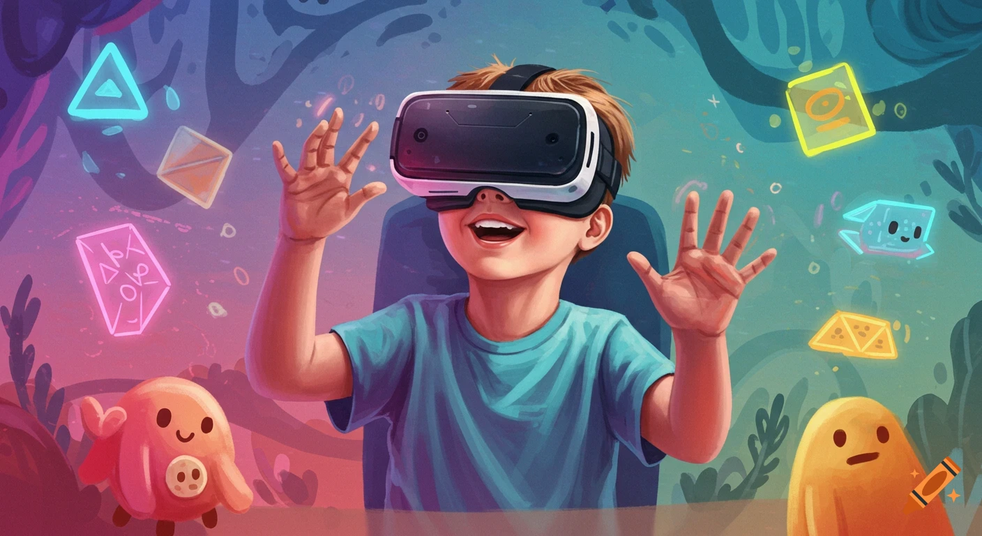 A smiling child wears a VR headset, interacting with a colorful virtual ...