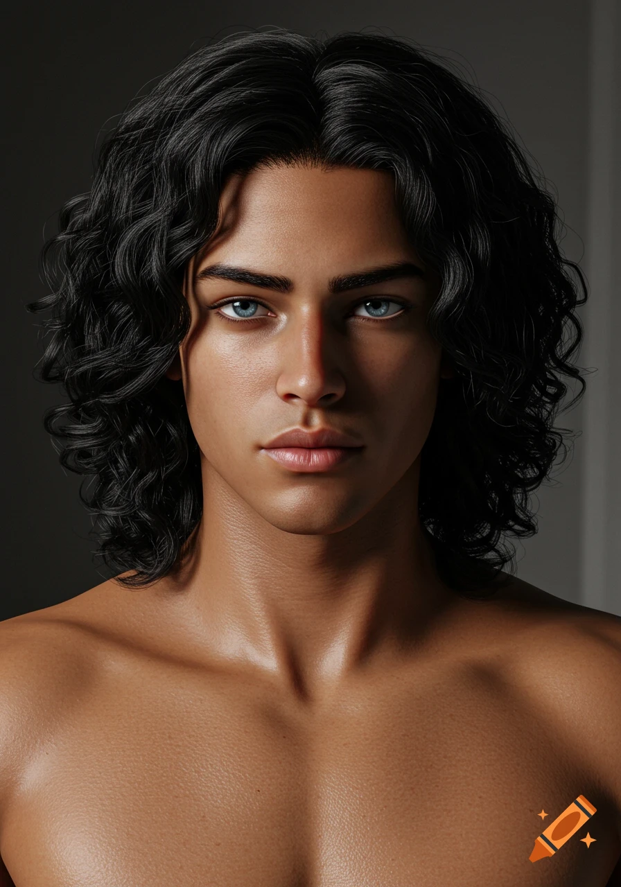 Close-up photorealistic portrait of a young man with dark wavy hair ...