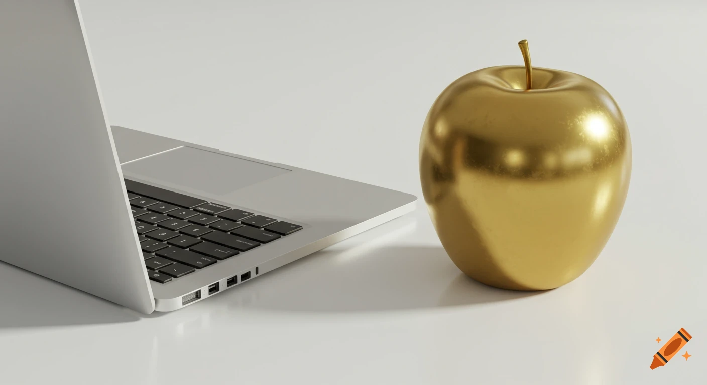 A shiny golden apple sits beside a modern laptop on a clean white ...