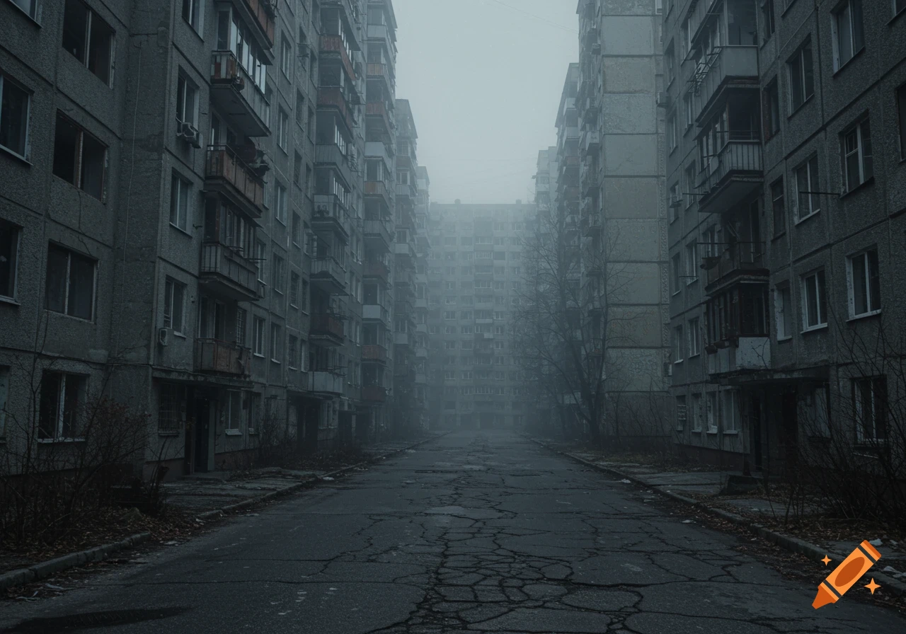 Photorealistic image of a desolate, fog-shrouded post-Soviet city ...