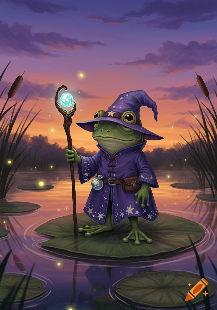 A green frog wizard in a purple robe and hat with stars, holding a ...