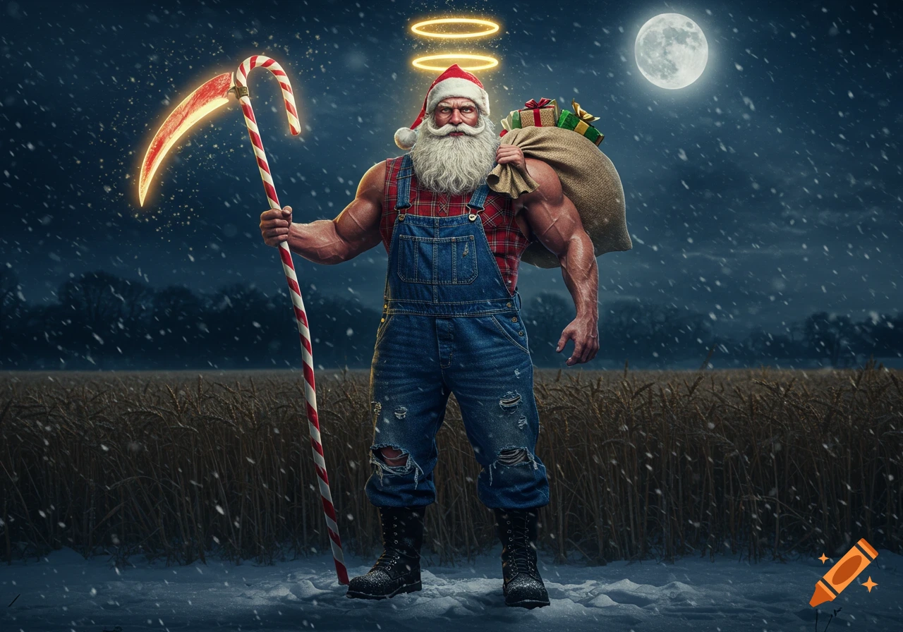 Cartoon Santa Claus in a snowy forest, holding a metal detector and a ...