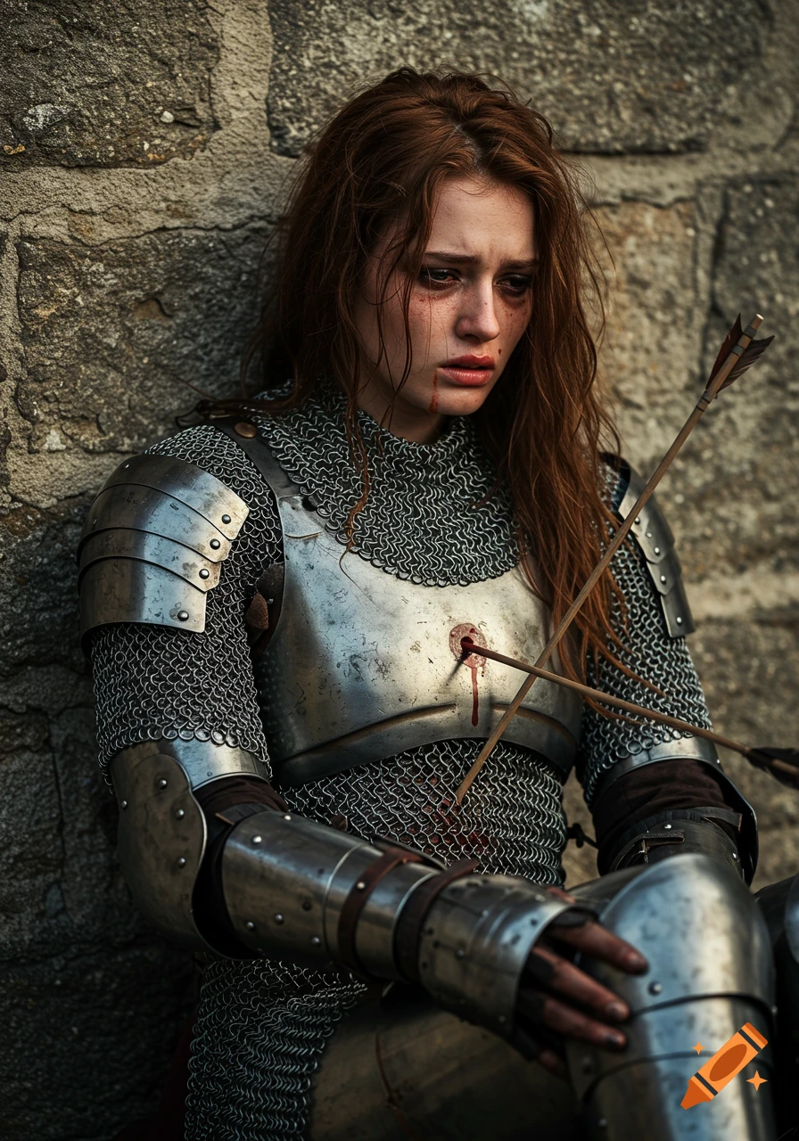 A photorealistic image of a wounded female knight in chain mail and ...