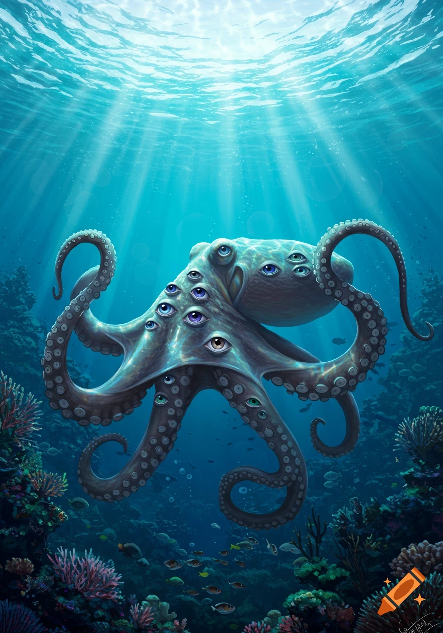 A large, surreal octopus covered in many different colored eyes swims ...