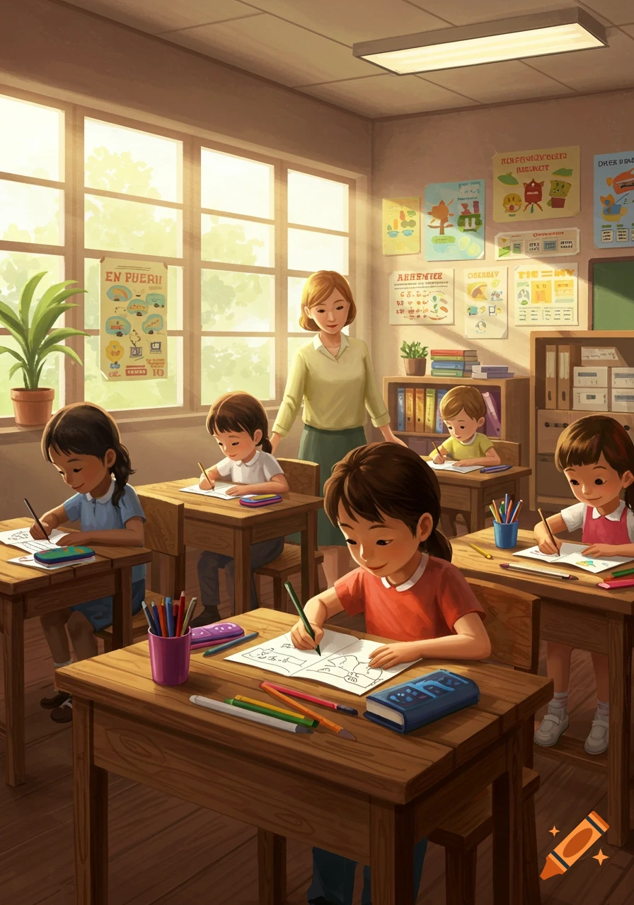 Illustration of elementary school children drawing and writing at ...