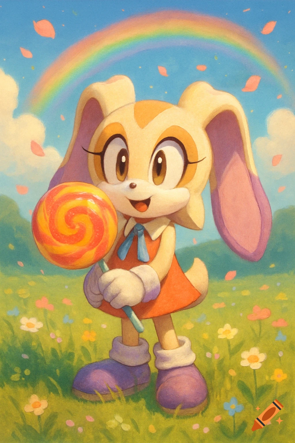 Cream the Rabbit, a cartoon bunny, holds a colorful swirl lollipop in a ...