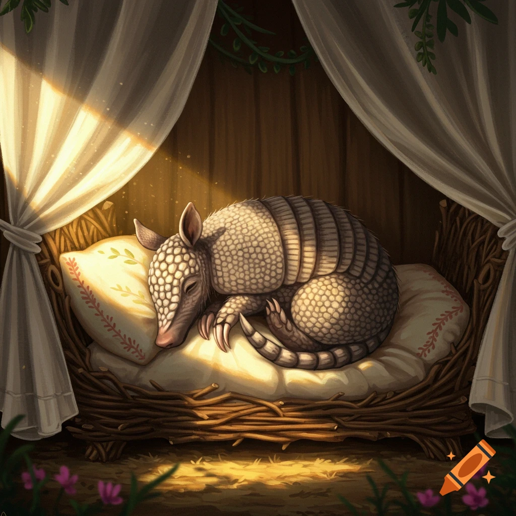 A cute armadillo sleeps curled up in a cozy bed made of twigs and a ...