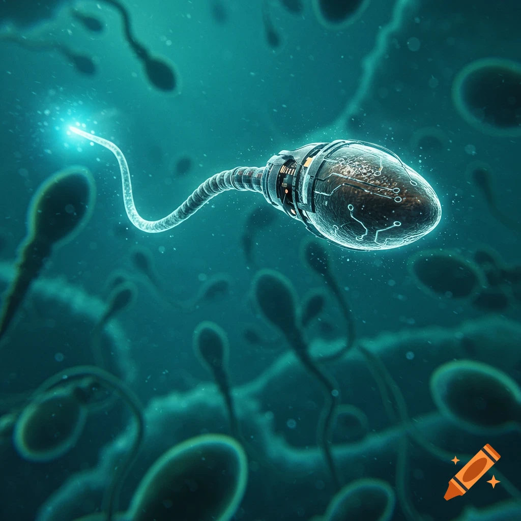 A detailed, glowing cyborg sperm cell with circuit patterns on its head ...