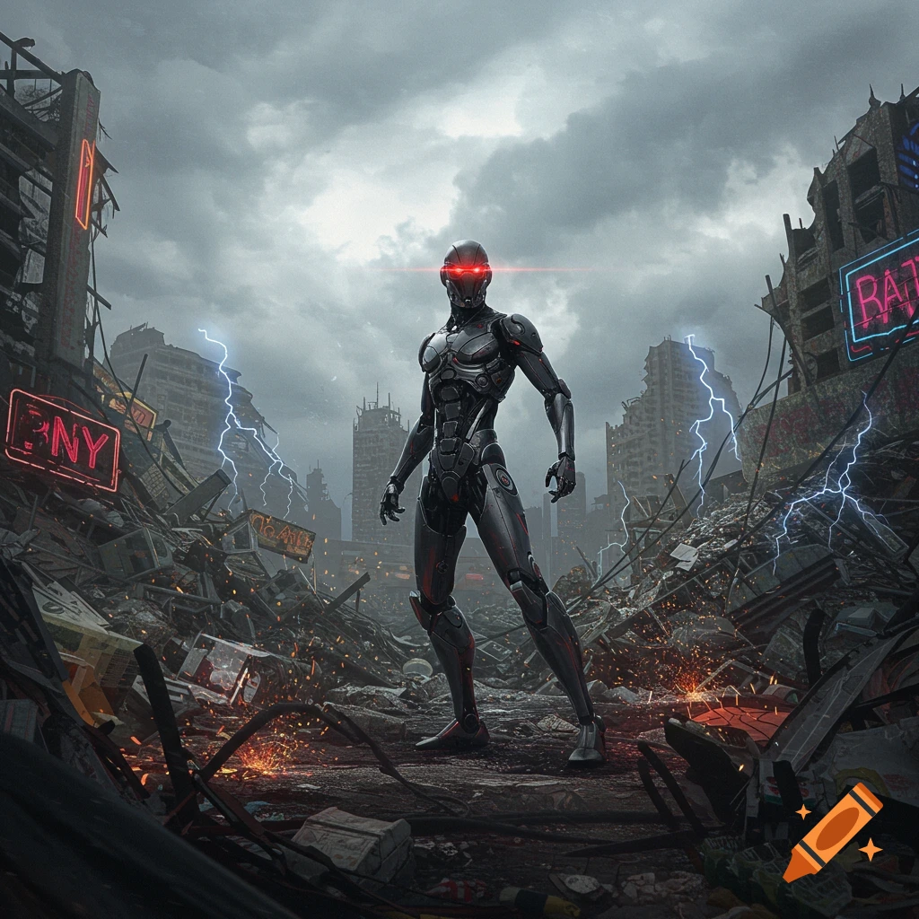 A dark fighter bot with glowing red eyes stands in a destroyed city ...