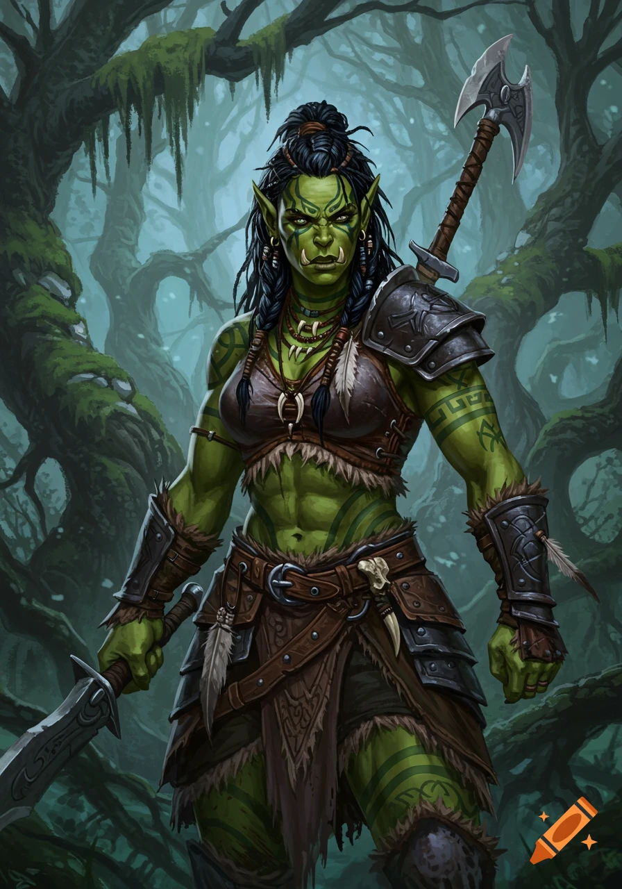 A fierce green-skinned orc woman warrior in armor holds a sword in a ...