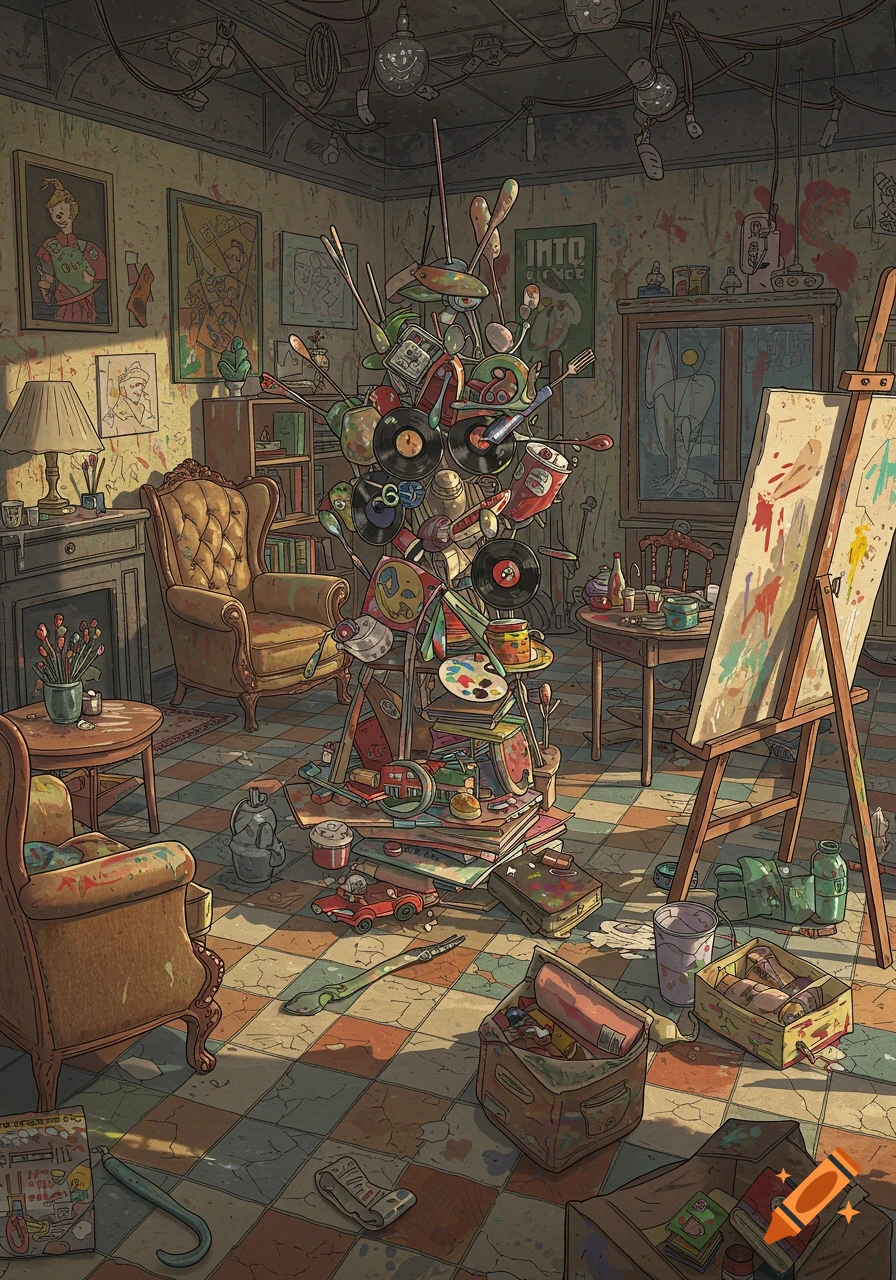 A highly detailed, messy artist's studio filled with art supplies, an ...