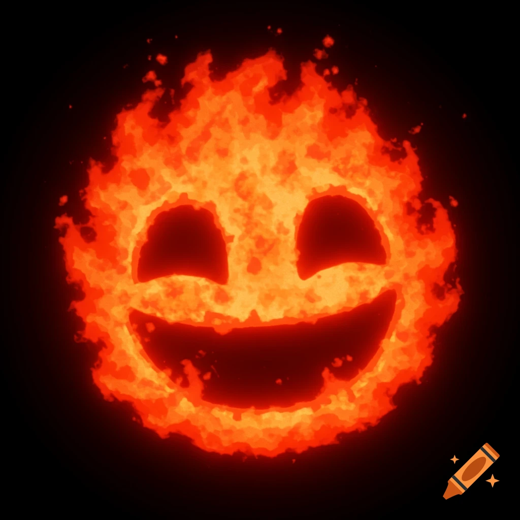 A cartoon fire ball with a mischievous winking and smiling face on a ...