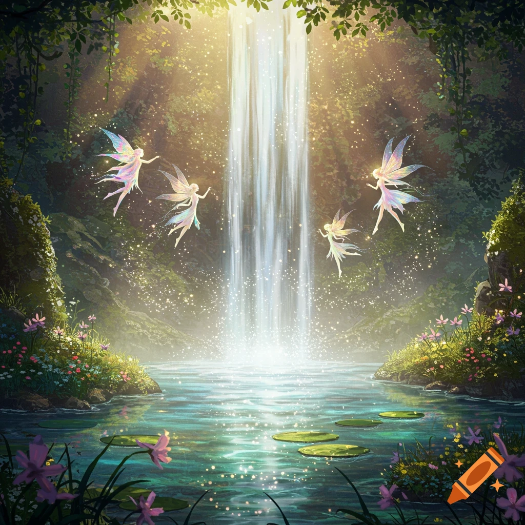 A luminous waterfall with several fairies flying in a lush, sparkling ...