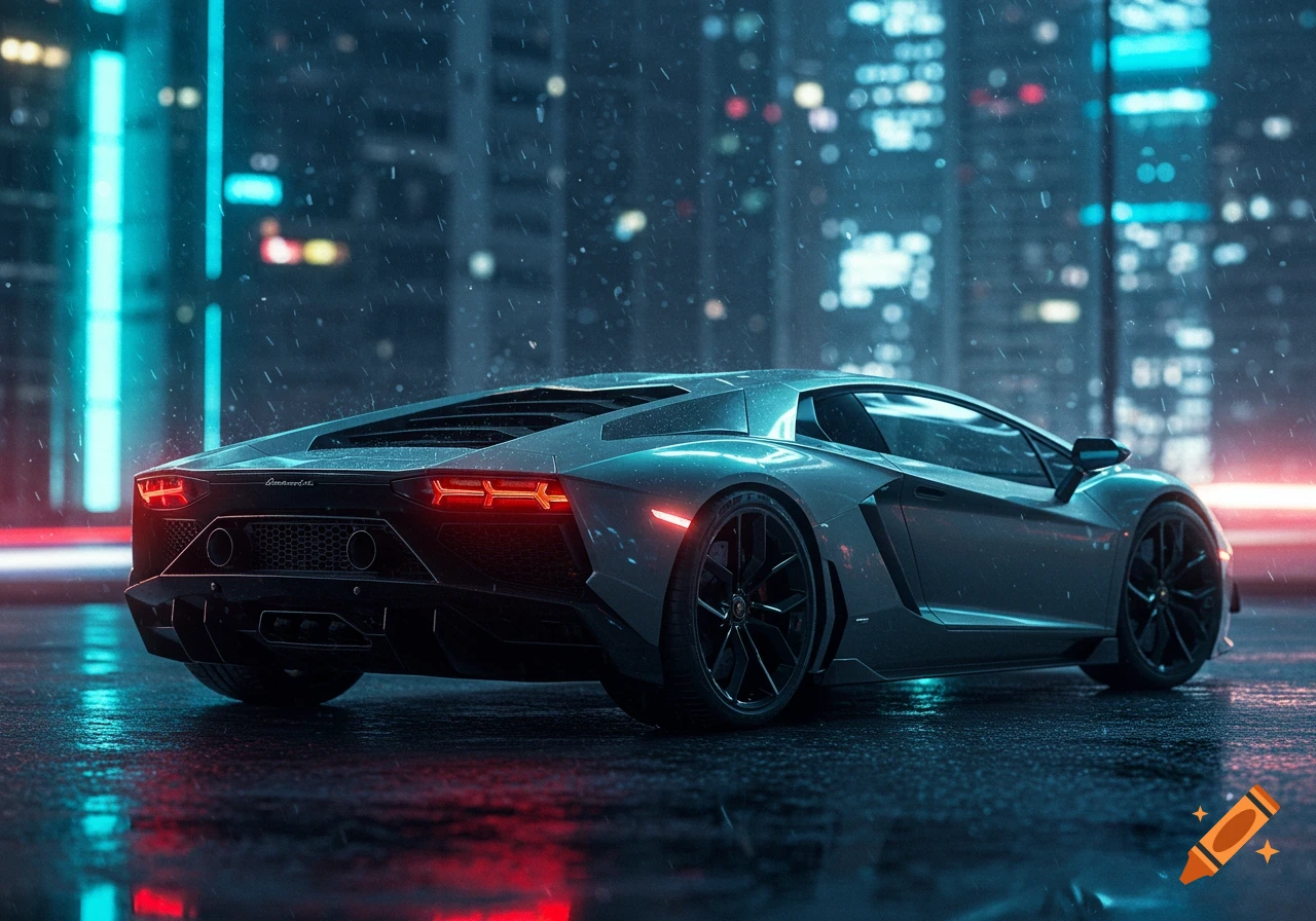 A sleek black Lamborghini is parked on a wet street at night ...