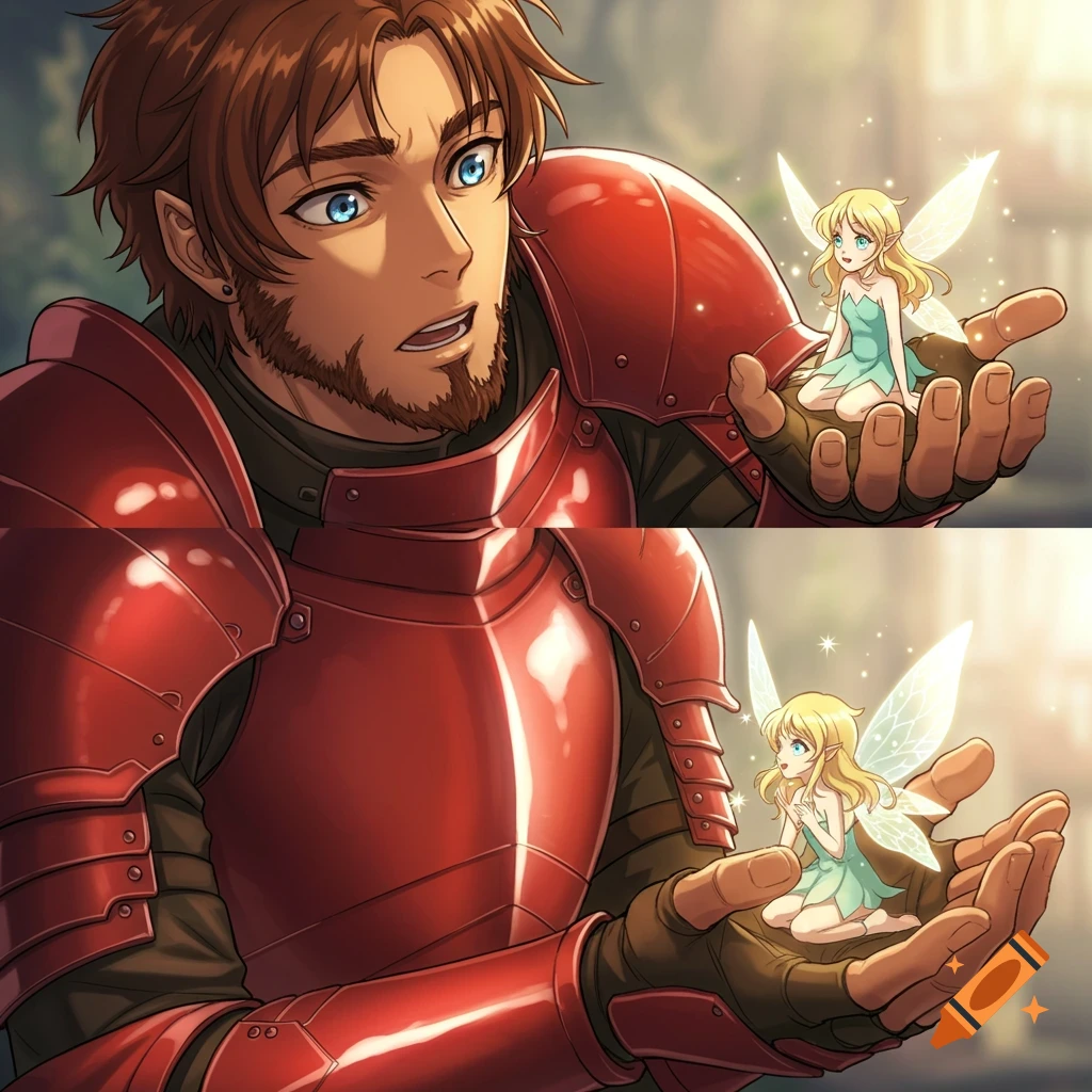 Two-panel anime comic of a man in red armor holding a tiny blonde pixie ...