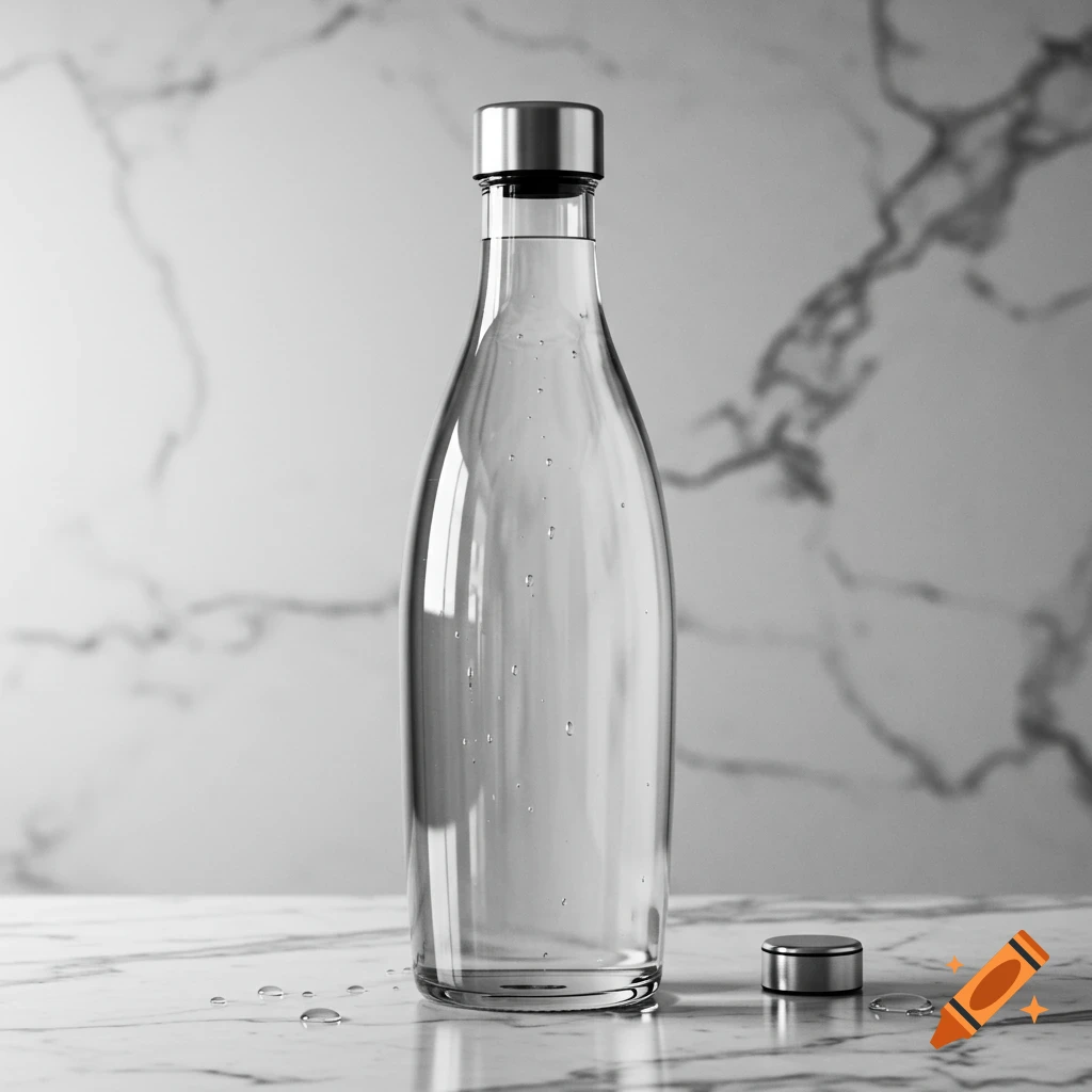 A clear glass water bottle with a silver cap stands on a white marble ...