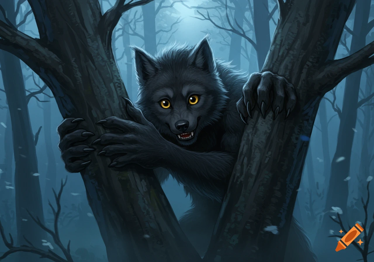 A black werewolf with glowing yellow eyes smiles from behind two dark ...