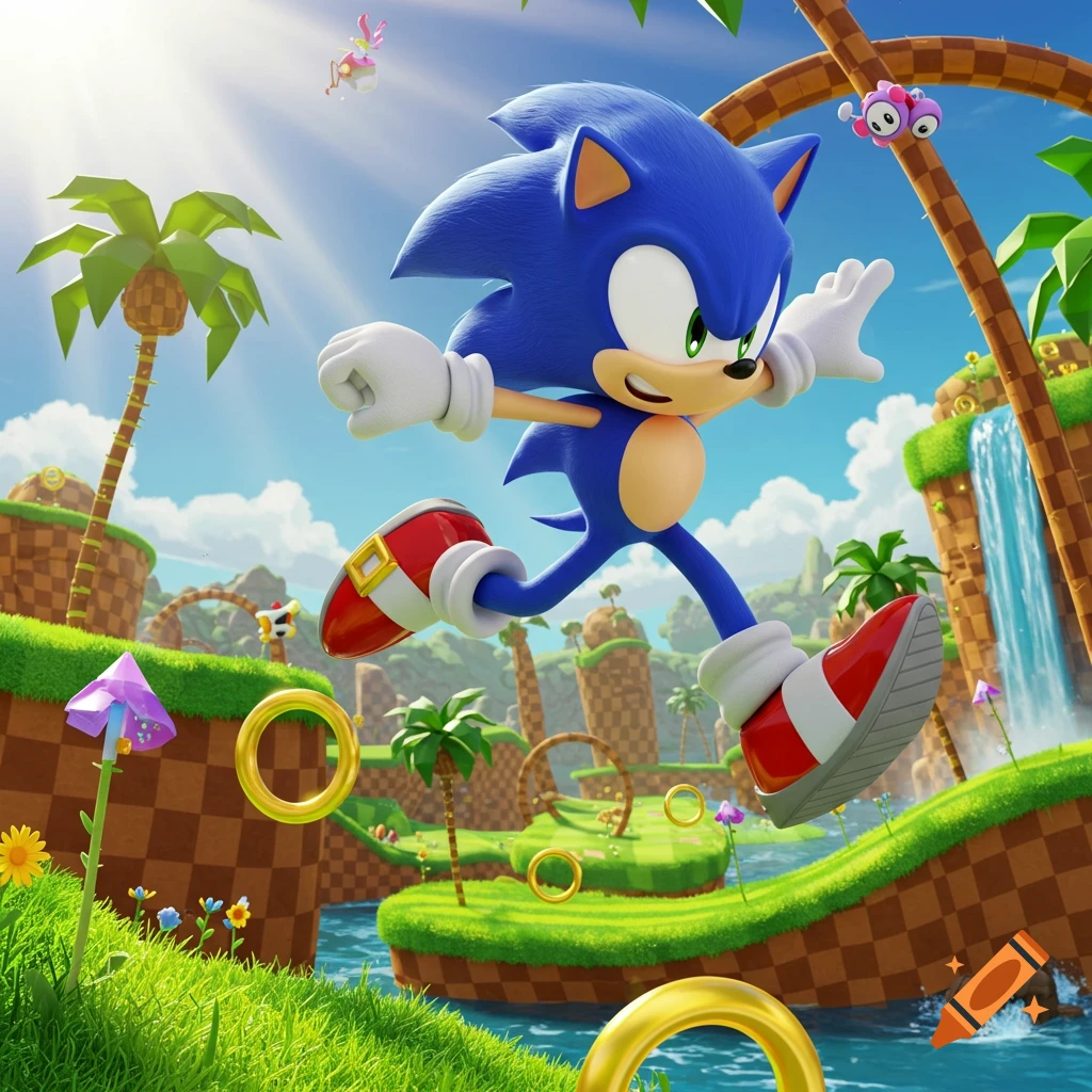 A vibrant 3D render of Sonic the Hedgehog running and jumping over ...