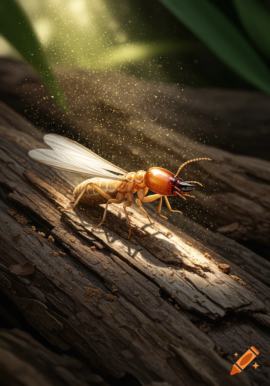 A winged termite stands on a rough wooden log, illuminated by a sunbeam ...