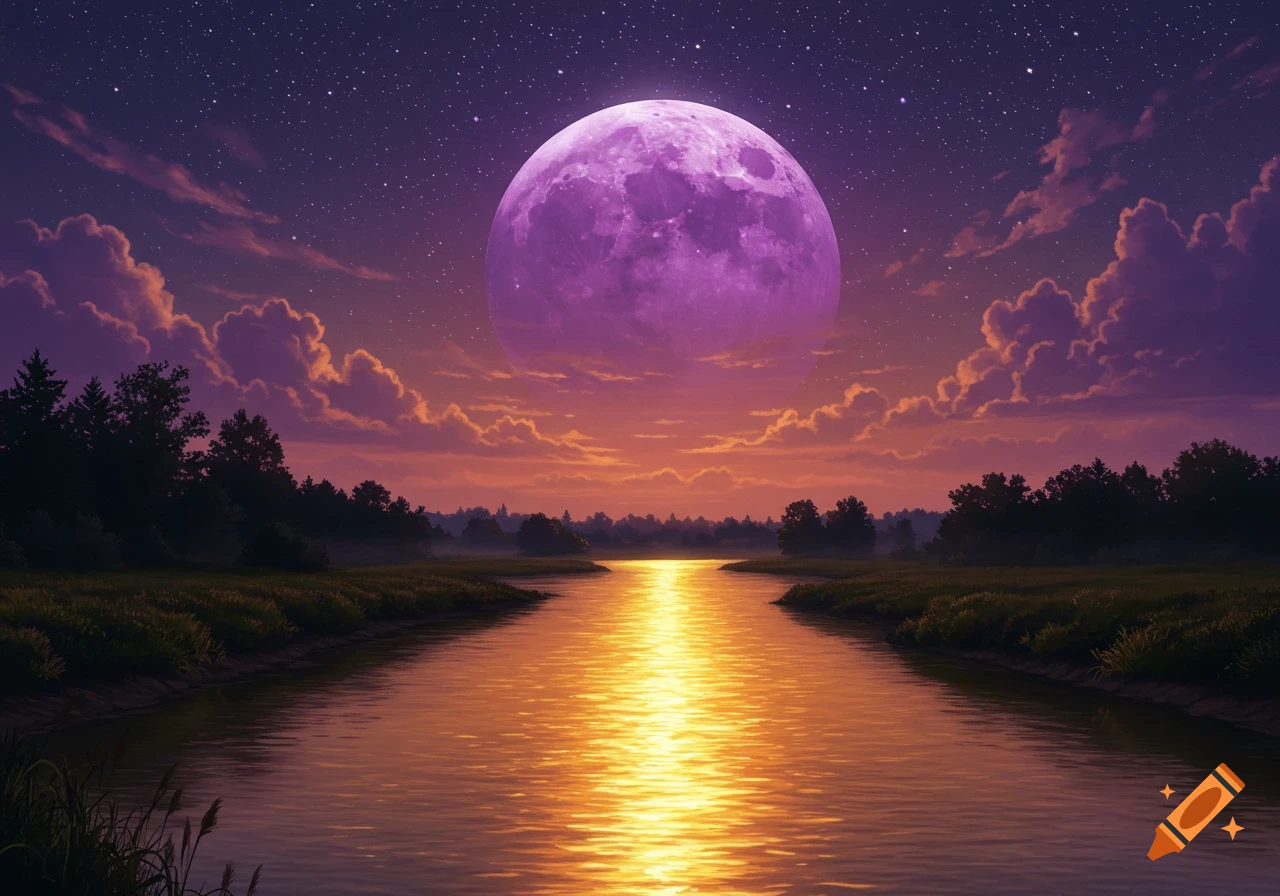 A vibrant purple full moon rises over a golden river, reflecting its ...