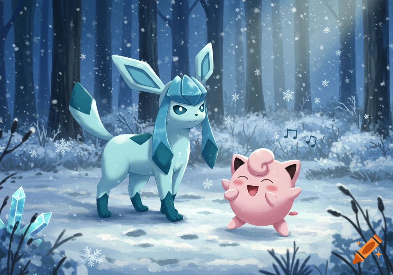A blue Glaceon with white patterns and glowing hearts sits in a snowy ...