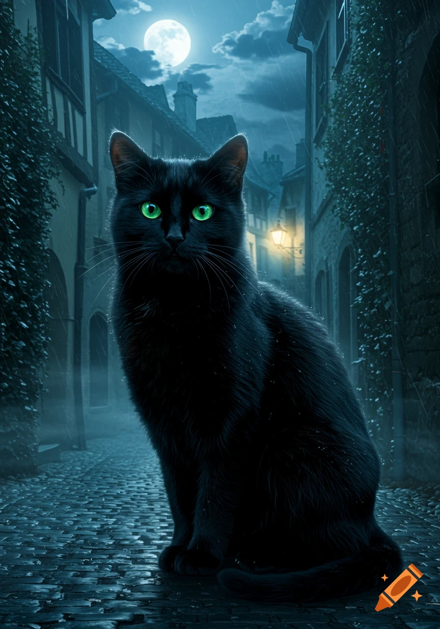A black cat with glowing green eyes stands on a cobblestone street ...