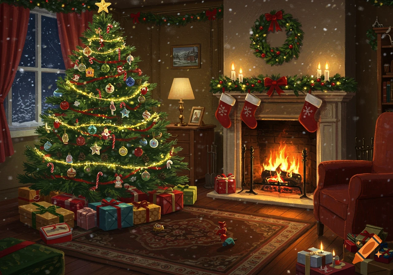A cozy Christmas scene featuring a lit fireplace with stockings, a ...