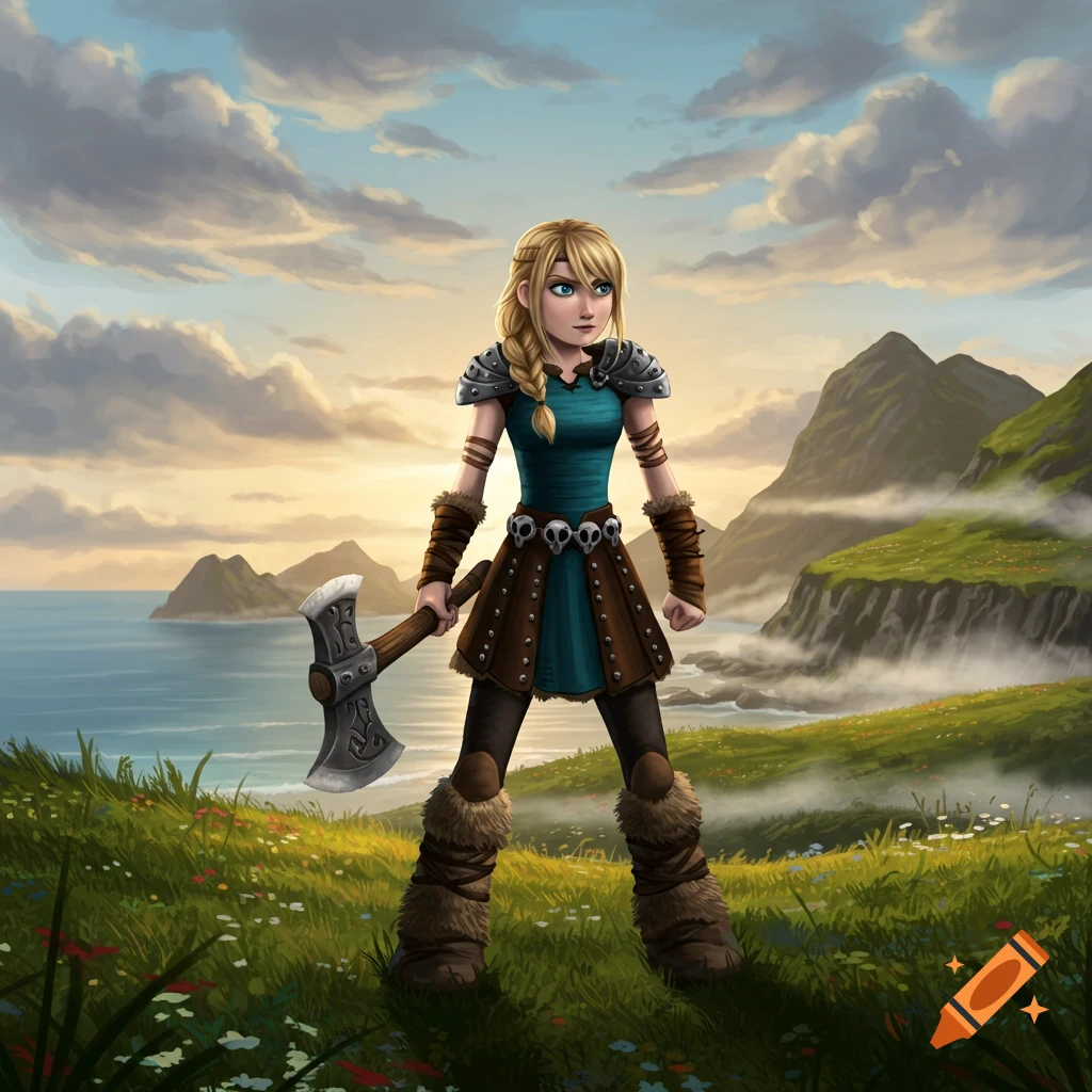 Astrid from How to Train Your Dragon stands with an axe on a grassy ...