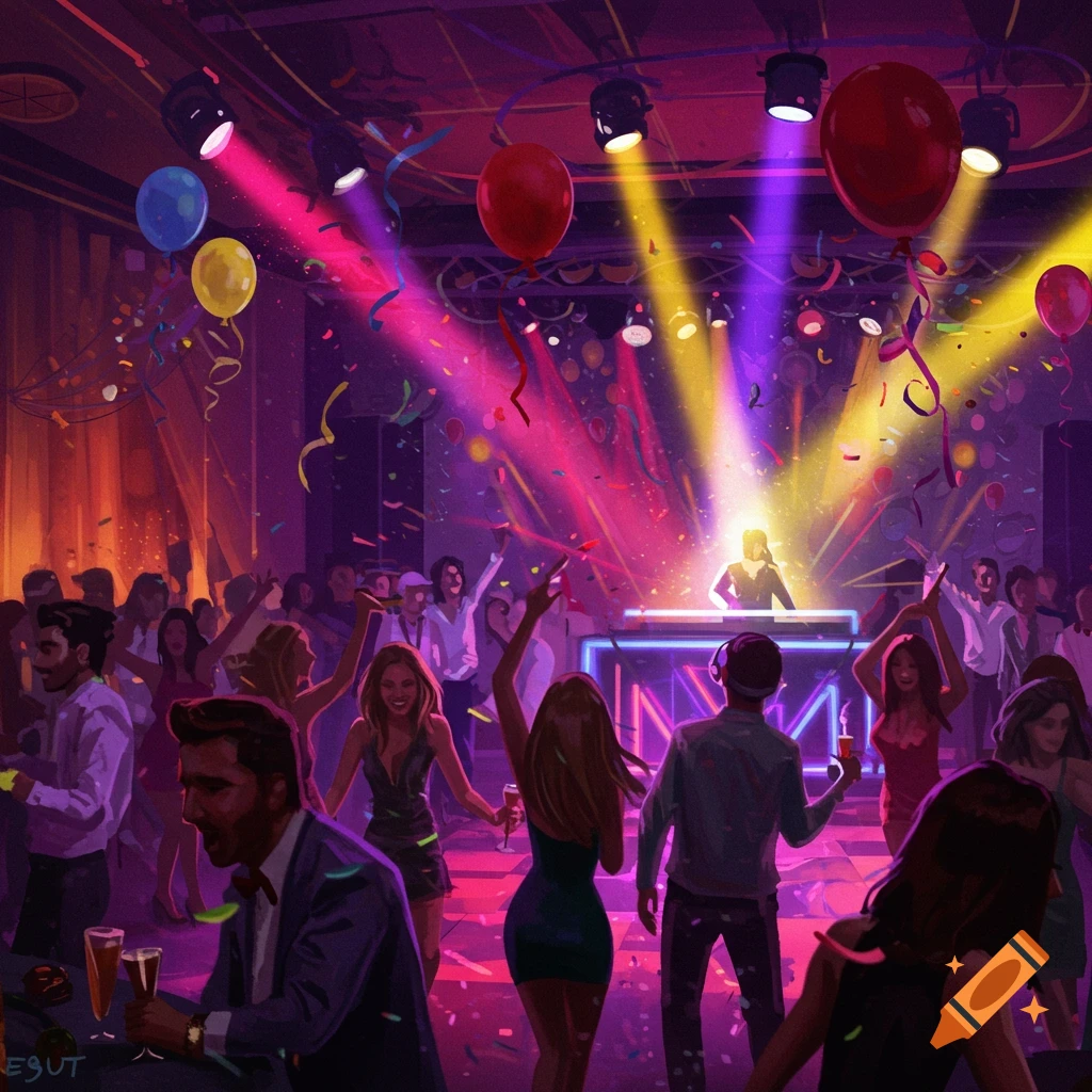 Vibrant digital illustration of a crowded party with people dancing, a ...