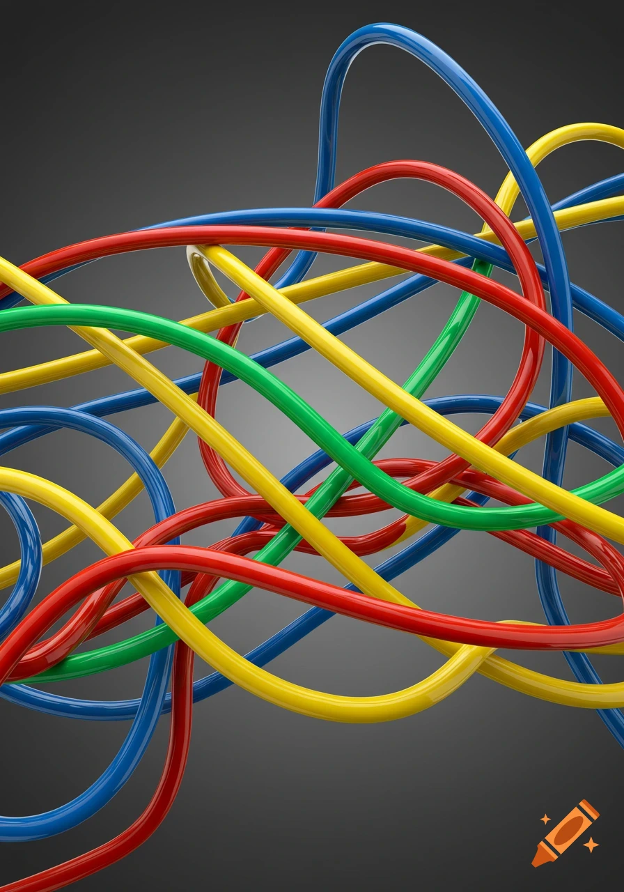 A tangled pile of glossy red, blue, yellow, and green cables against a ...