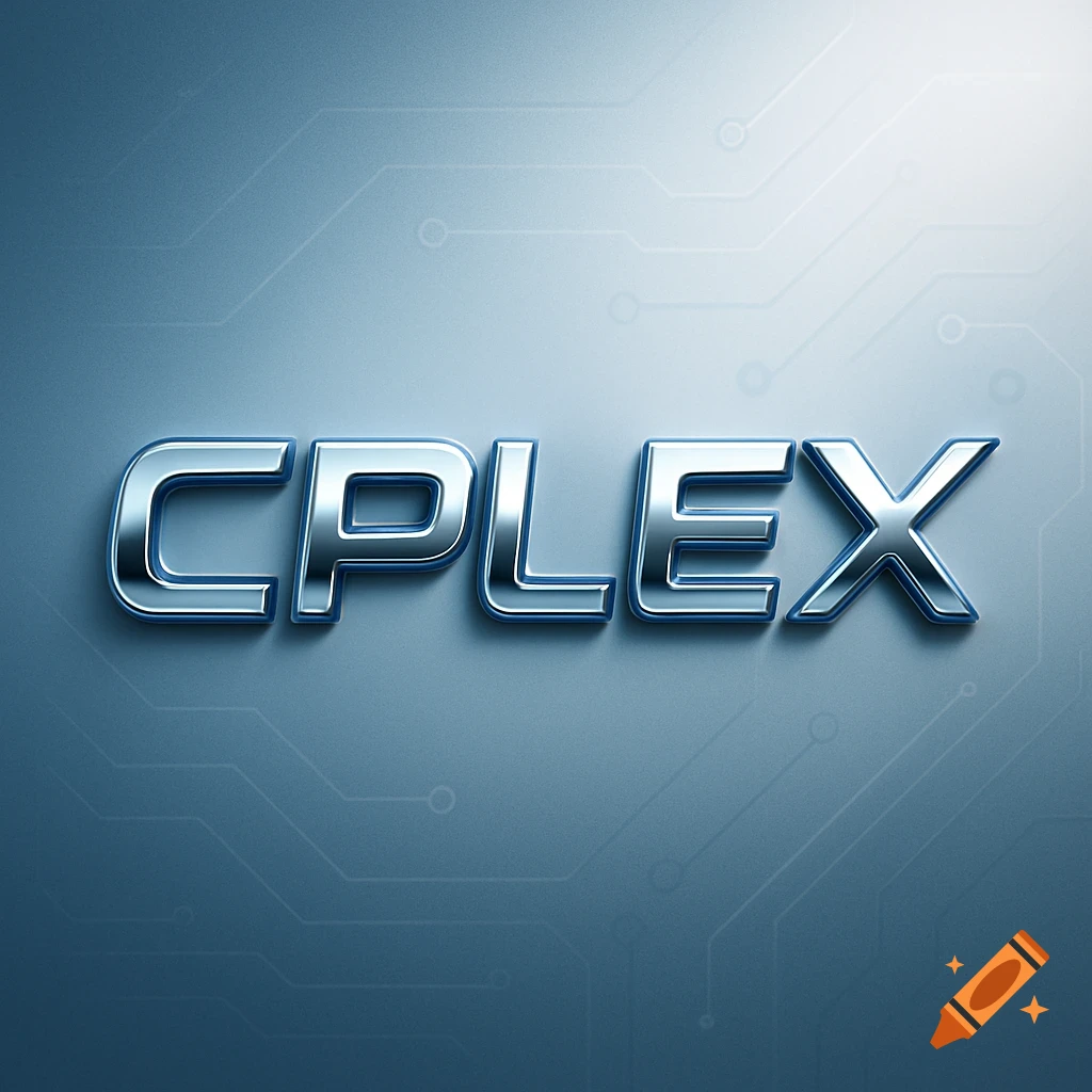 Metallic 3D logo of the word 'CPLEX' on a blue circuit board background. on Craiyon
