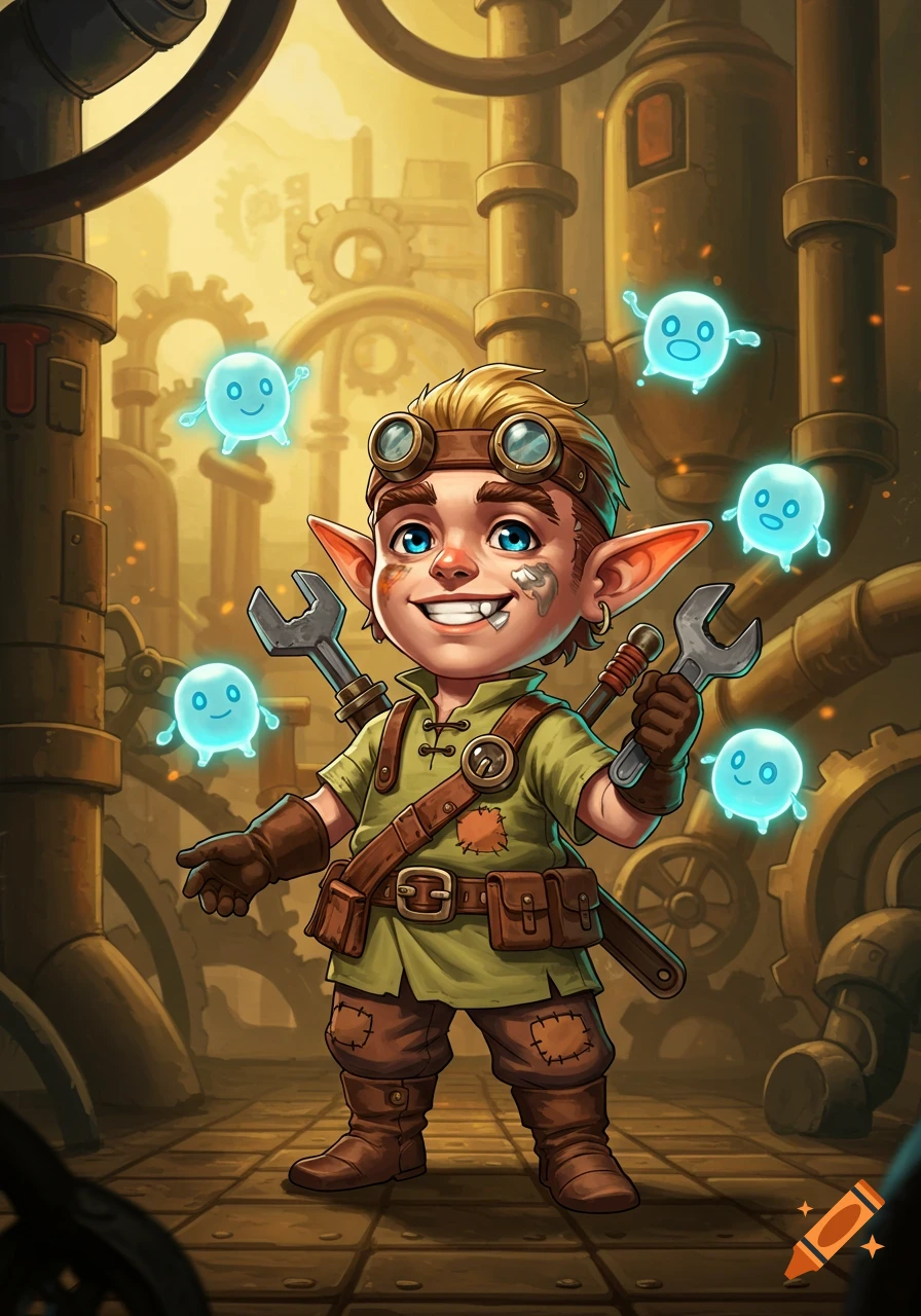 A smiling, elf-like mechanic holds wrenches amidst glowing blue ...