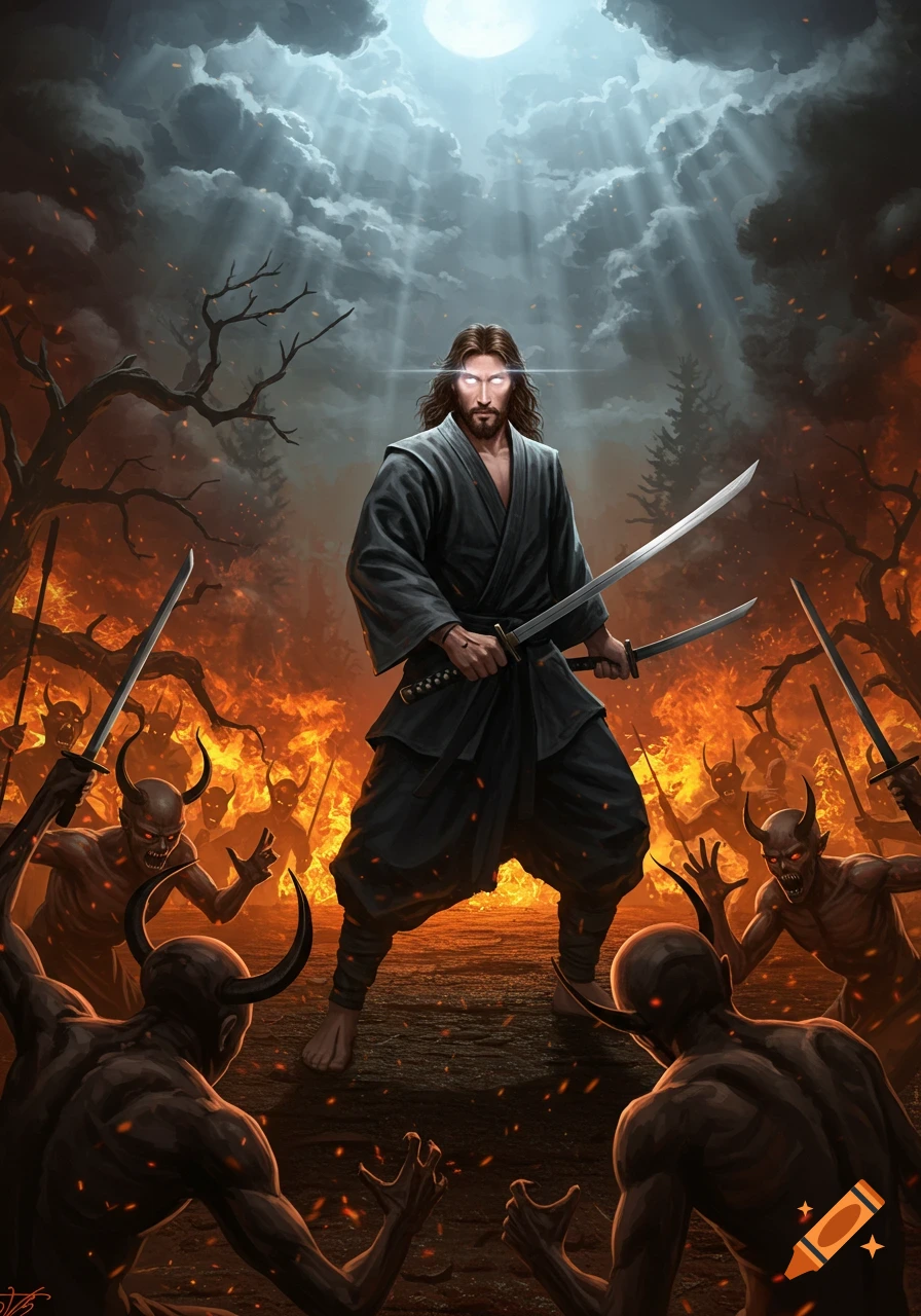 Jesus, depicted as a ninja with glowing eyes, battles horned demons ...
