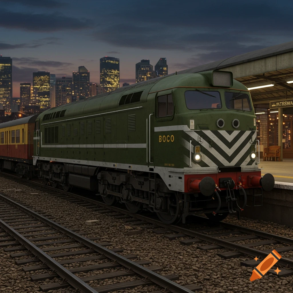 A photorealistic image of a red, yellow, and blue diesel locomotive ...