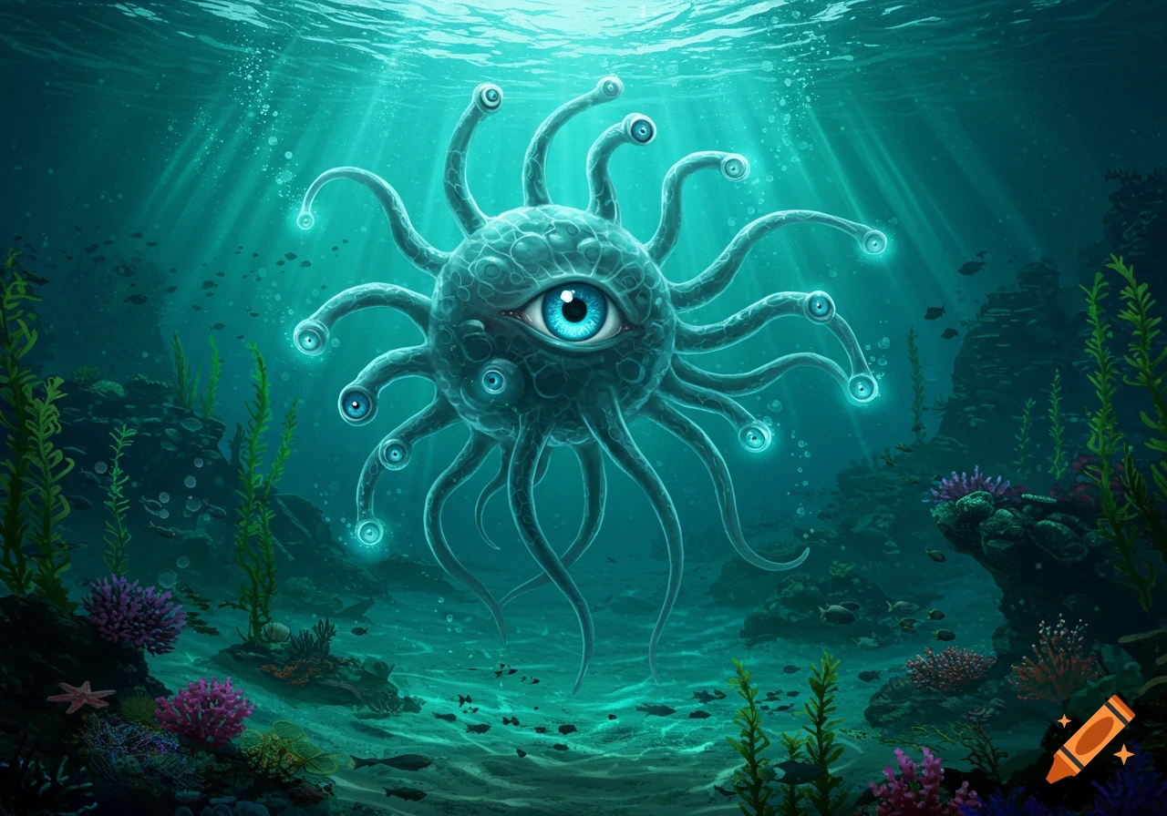 A vibrant illustration of an aquatic beholder-like creature with many ...