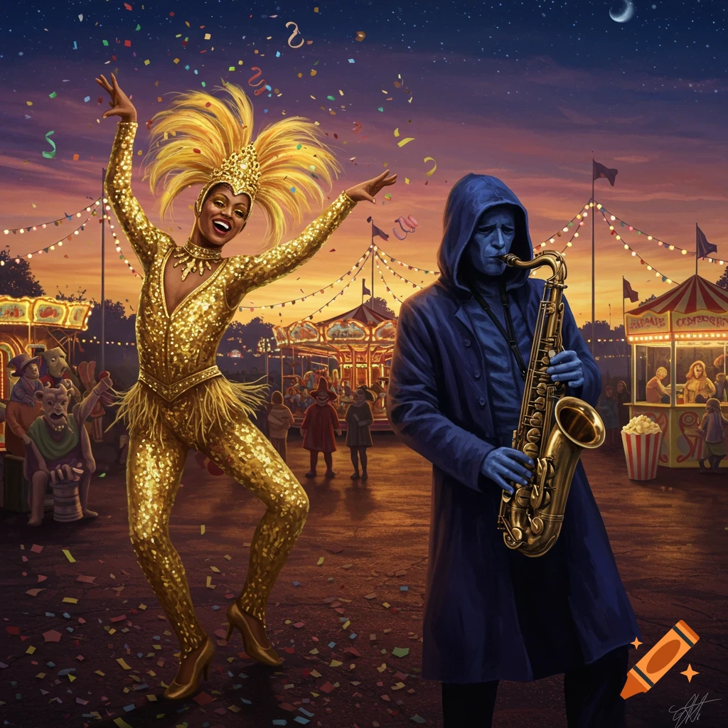 An illustration of a woman in a gold costume dancing with confetti and ...