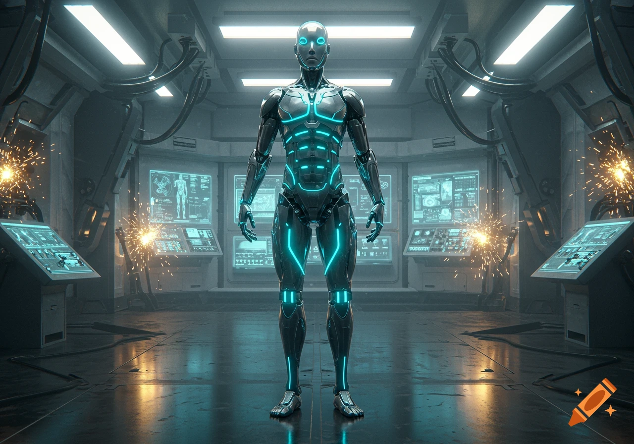 A detailed, futuristic silver and orange robot with blue glowing ...