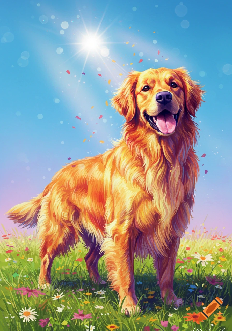 Illustrative golden retriever standing on a rock in a wavy ocean with ...