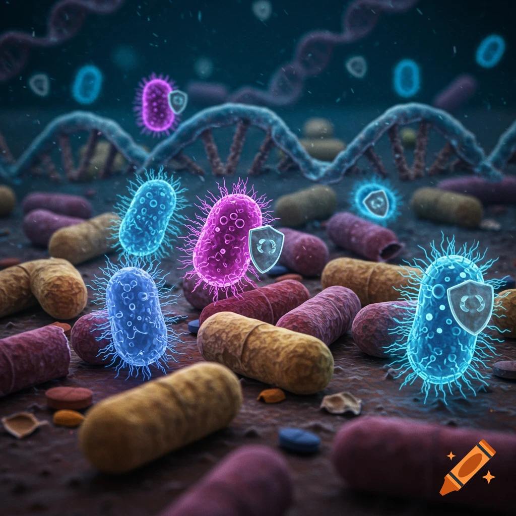 Microscopic view of glowing blue and pink bacteria with shield symbols ...